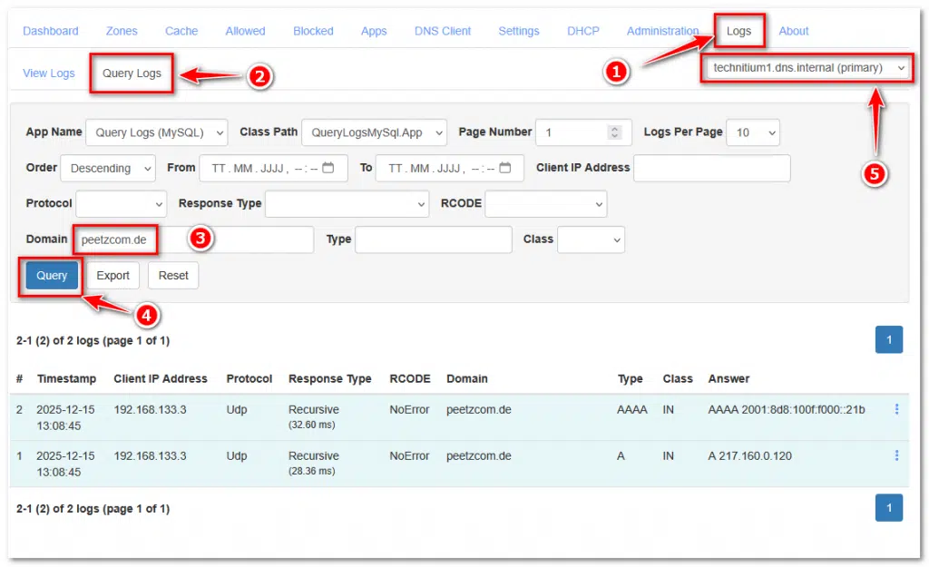 Technitium DNS - Cluster, Adblock, MySQL Logs - PeetzCOM IT-Services